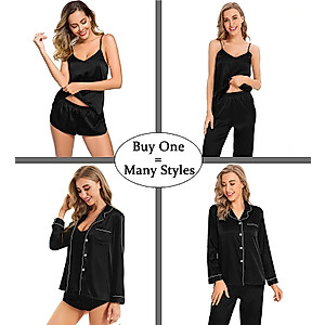 SWOMOG Women Satin Pajamas 4pcs Pajama Set Sexy Cami Shorts Set and Button Down Long Sleeve Pjs Loungewear Sleepwear Black,Small