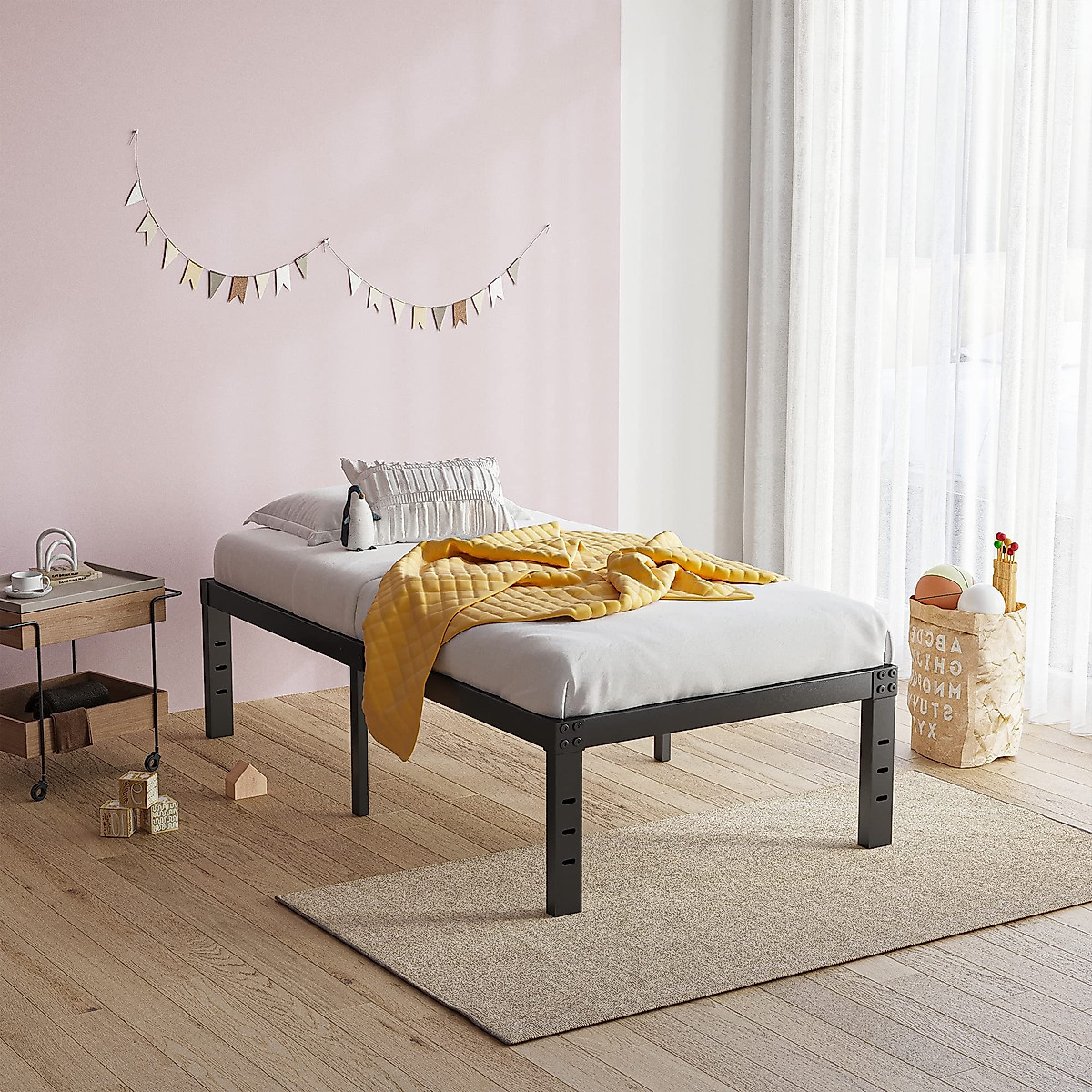 Neslime 14 Inch Twin Bed Frame No Box Spring Needed, Metal Platform Twin Size Bed Frame, Heavy Duty, Easy Assembly and Noise Free, Black