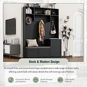 BNSPLY 59" Hall Tree with Bench and Shoe Storage, Modern Entryway Bench with Coat Rack and Cushion, Mudroom Bench with 2 Large Storage Cabinet,3 Metal Hooks and Top Shelves for Hallway (White)