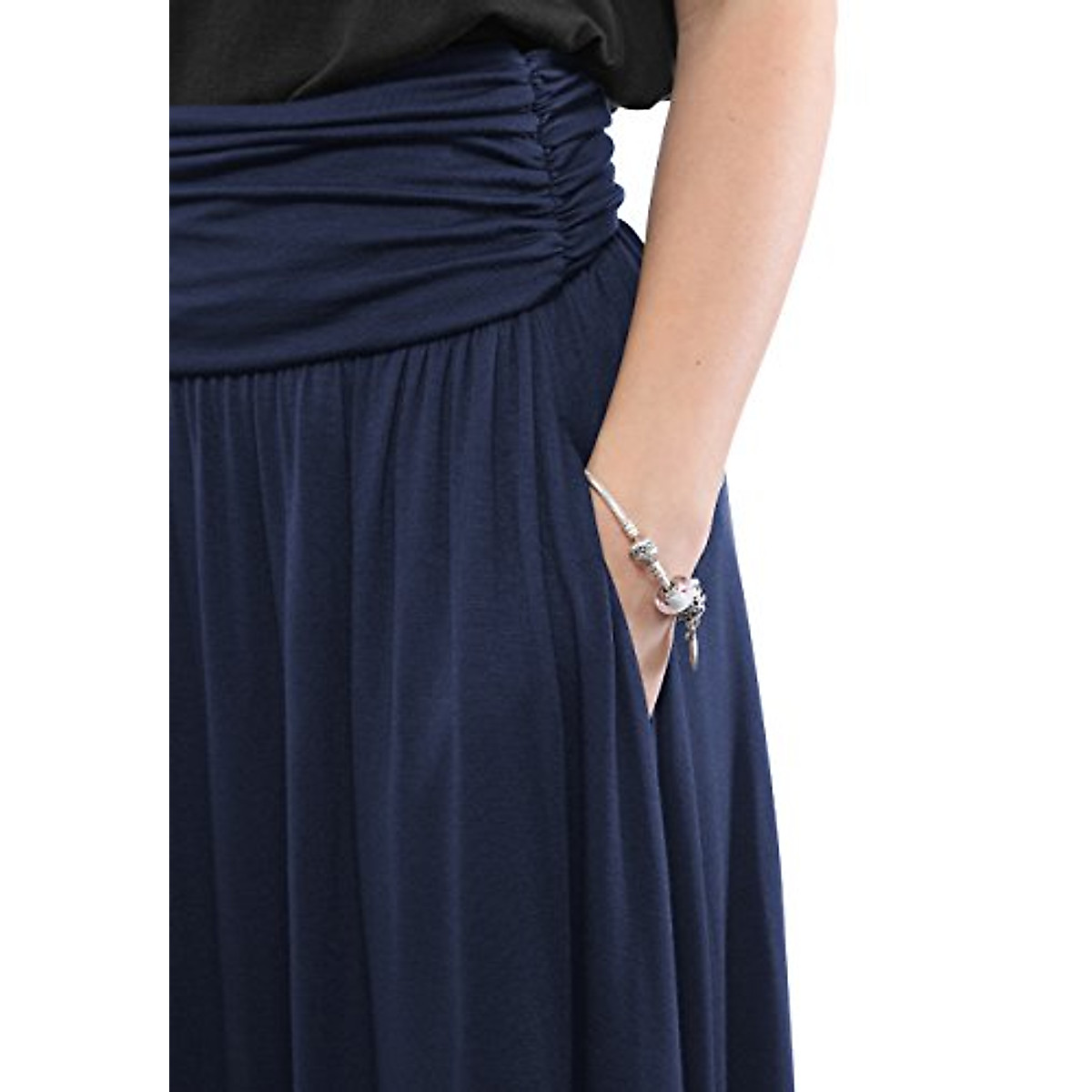 TRENDY UNITED Women's High Waist Fold Over Pocket Shirring Skirt ,Navy-ankle,X-Large