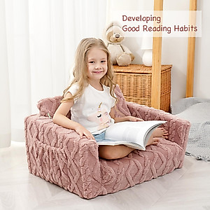MallSingel Kids Sofa, Toddler Chair, 2-in-1 Flannel Kids Fold Out Couch, Toddler Convertible Sofa to Lounger, Flip Open Toddler Couch for Kids(White) (Pink)