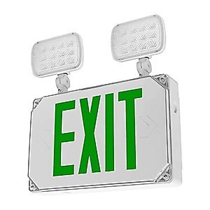 LFI Lights | Wet Location Rated Combo Green Exit Sign with Emergency Lights | White Housing | All LED | Two Adjustable Heads | Hardwired with Battery Backup | UL Listed | WLFCOMBO-G