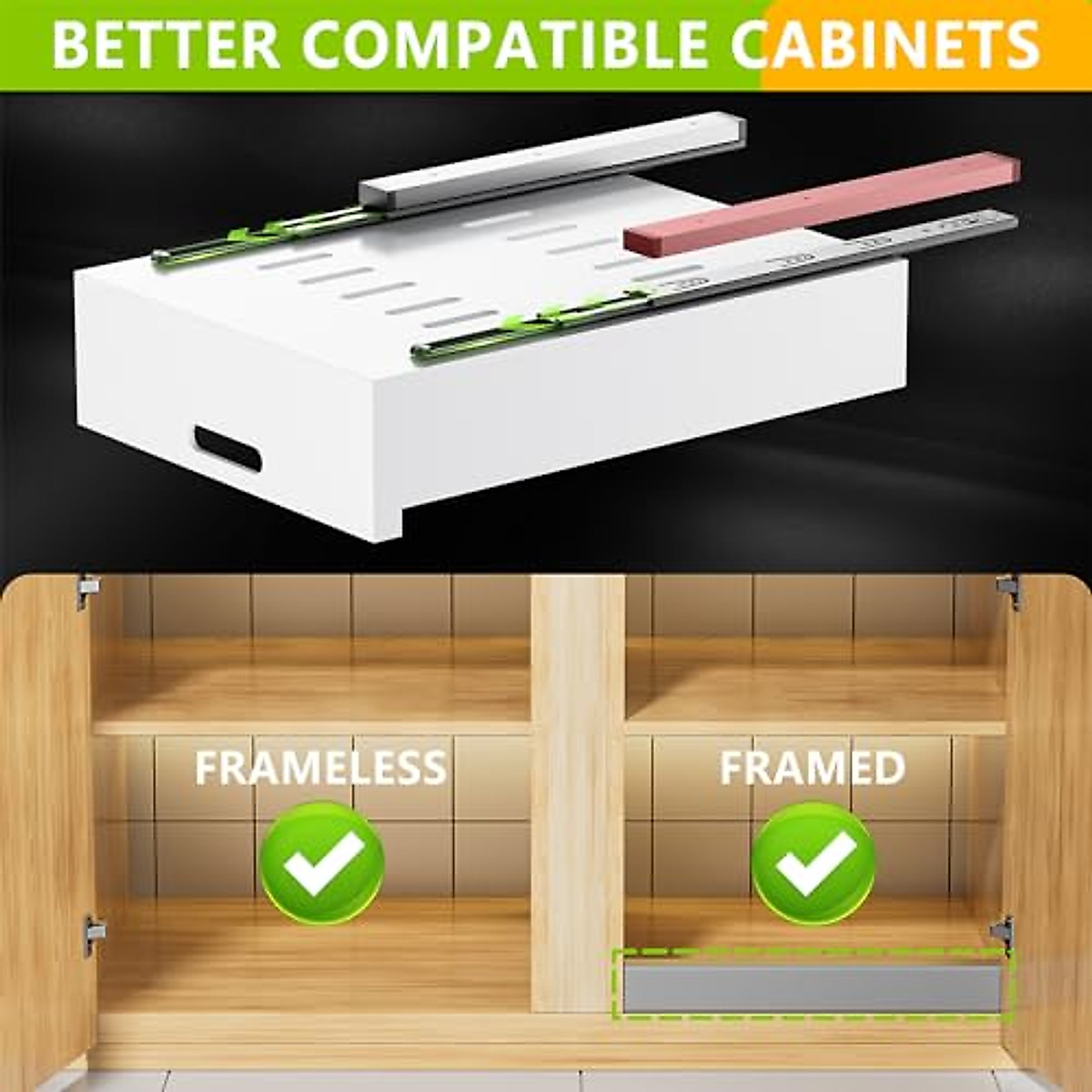 Mlinavn Pull out Cabinet Organizer, No drill Slide out Cabinet Drawers Heavy Duty Organizers and Storage with Fixed Adhesive Nano Film,Compatible Framed Cabinets Shelves for Kitchen Pantry White