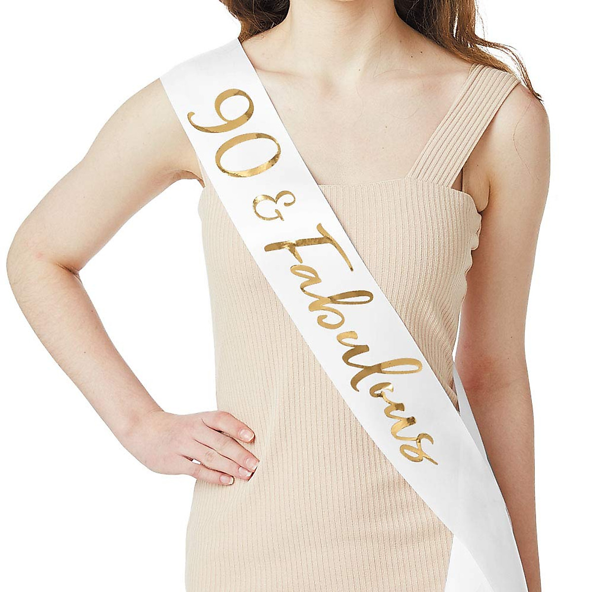 "90 and Fabulous" Sash & Rhinestone Tiara Set - 90th Birthday Gifts Birthday Sash for Women Birthday Party Supplies (White/Gold)