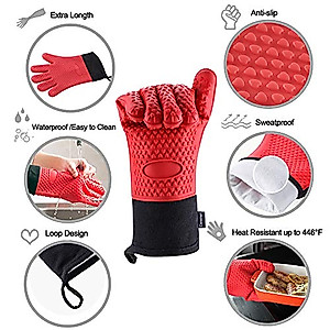 Comsmart BBQ Gloves, Heat Resistant Silicone Grilling Gloves, Long Waterproof BBQ Kitchen Oven Mitts with Inner Cotton Layer for Barbecue, Cooking, Baking, Smoker(Red)