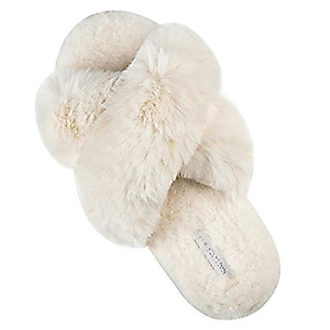 HALLUCI Women's Cross Band Soft Plush Fleece House Indoor or Outdoor Slippers (Small, Beige)