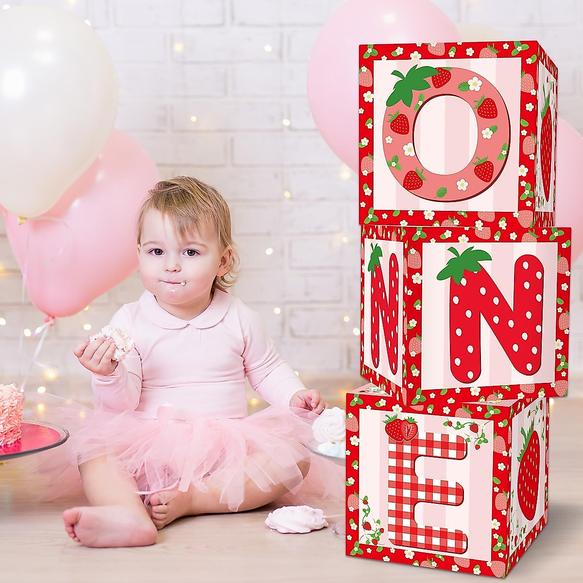 chiazllta 3Pcs Strawberry 1st Birthday Party Decorations Supplies Strawberry Themed One Balloon Boxes Backdrop Blocks Decor Berry First Red One Birthday Party Decoration for Kids Girls Baby Shower