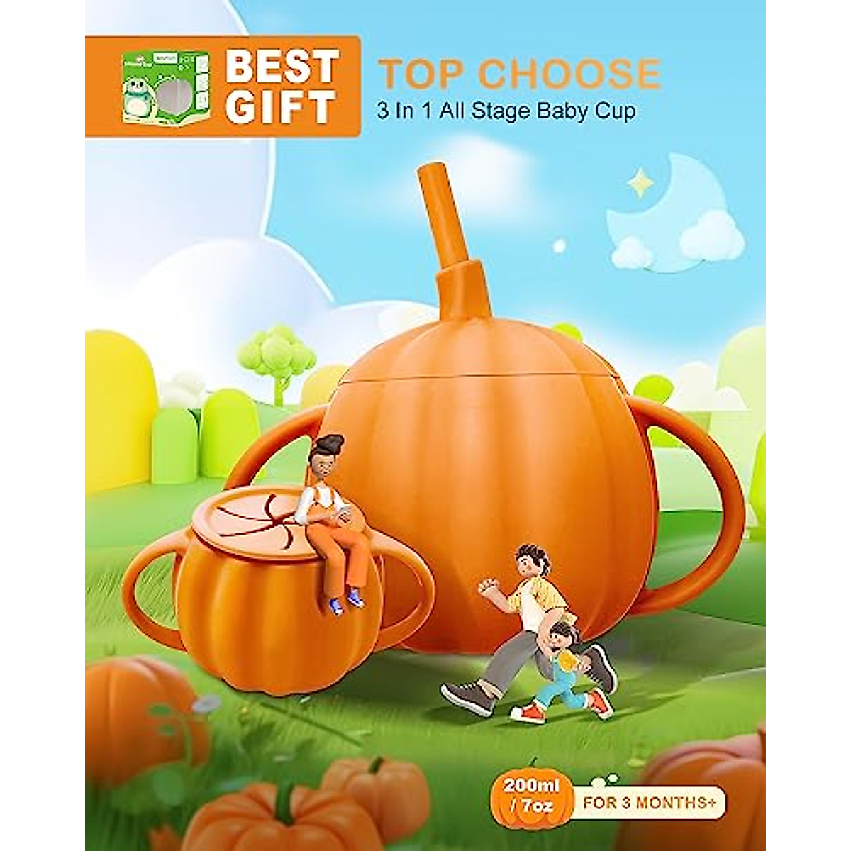 BRVTOT 3 in 1 Training Cups for Baby & Toddler 7 oz, Spill Proof Toddler Straw Cup & Snack Containers Cup with DustProof Lid, BPA Free Silicone Baby Sippy Cup for 1+ Year Old, Cute Pumpkin Baby Gifts