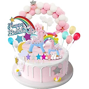 Unicorn Party Cake Topper Kit with 2 Unicorns Sculpture, Rainbow Balls Cloud for Unicorn Birthday Party Supplies