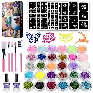 Temporary Glitter Tattoos Kit for Kids, 24 Large Glitter Colors & 6 Fluorescent Colors, 105 Stencils, Body Glitter Nail Art Glow in Dark Tattoo, Body Glitter Festival Party with 5 Brushes 2 Glue