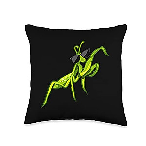 Praying Mantis Grasshopper Lover - DressedForDuty Praying Mantis with Sunglasses Grasshopper Throw Pillow, 16x16, Multicolor