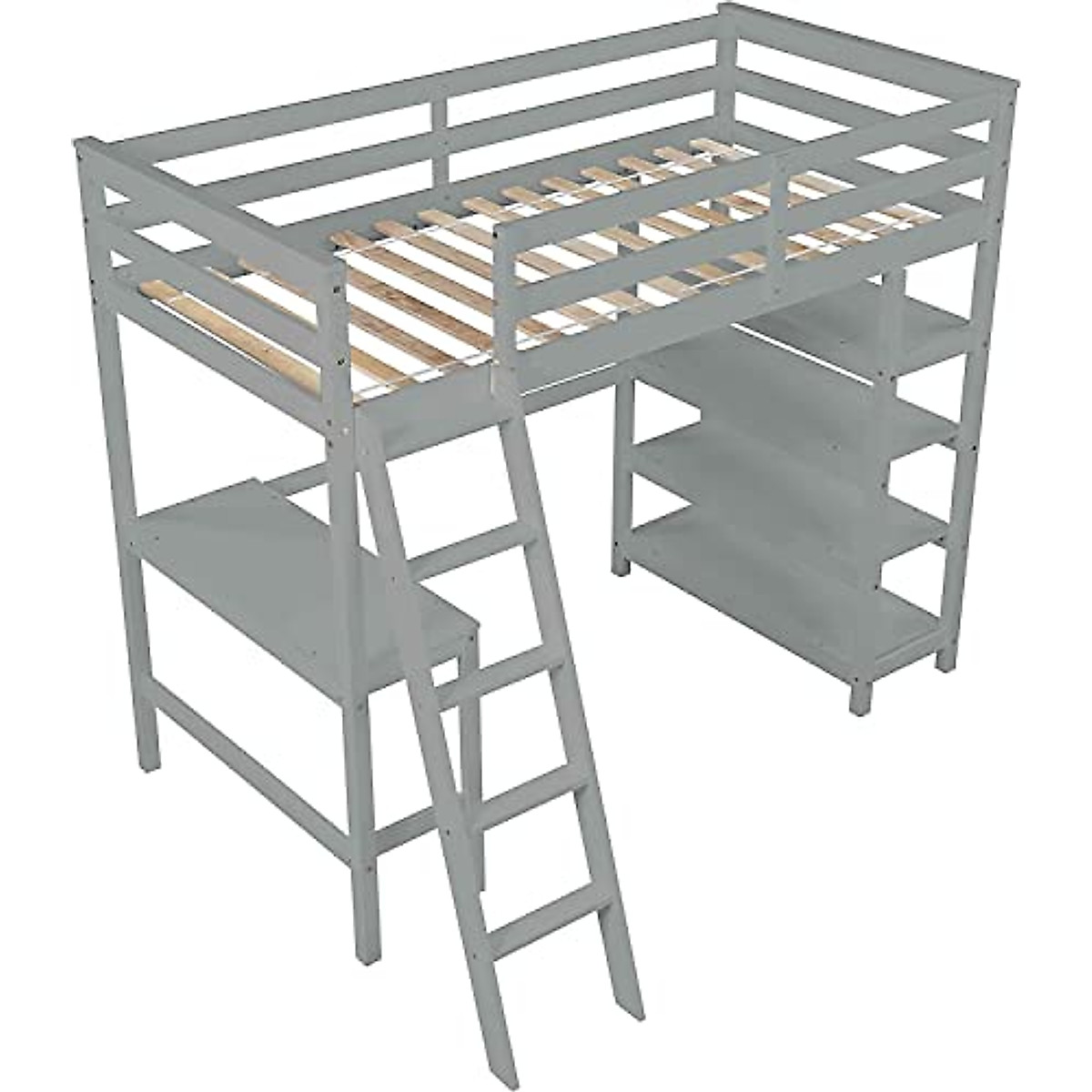 DNYN Twin Size High Loft Bed for Kids,Solid Wood Bedframe with One Desk & Four Shelves & Angle Ladder & Safety Guardrail for Boys and Girls,No Box Spring Needed,79.7"x63.4"x68.3", Gray