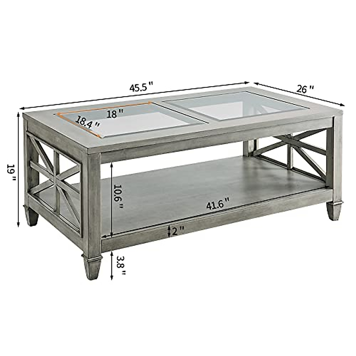 Solid Wood Coffee Table with Tempered Glass Top, Rectangular Living Room Table with 2-tire Storage Shelf, Industrial Centre Table, 45.5" X 26" Tabletop, Easy Assembly Antique Grey KFZ1318AN