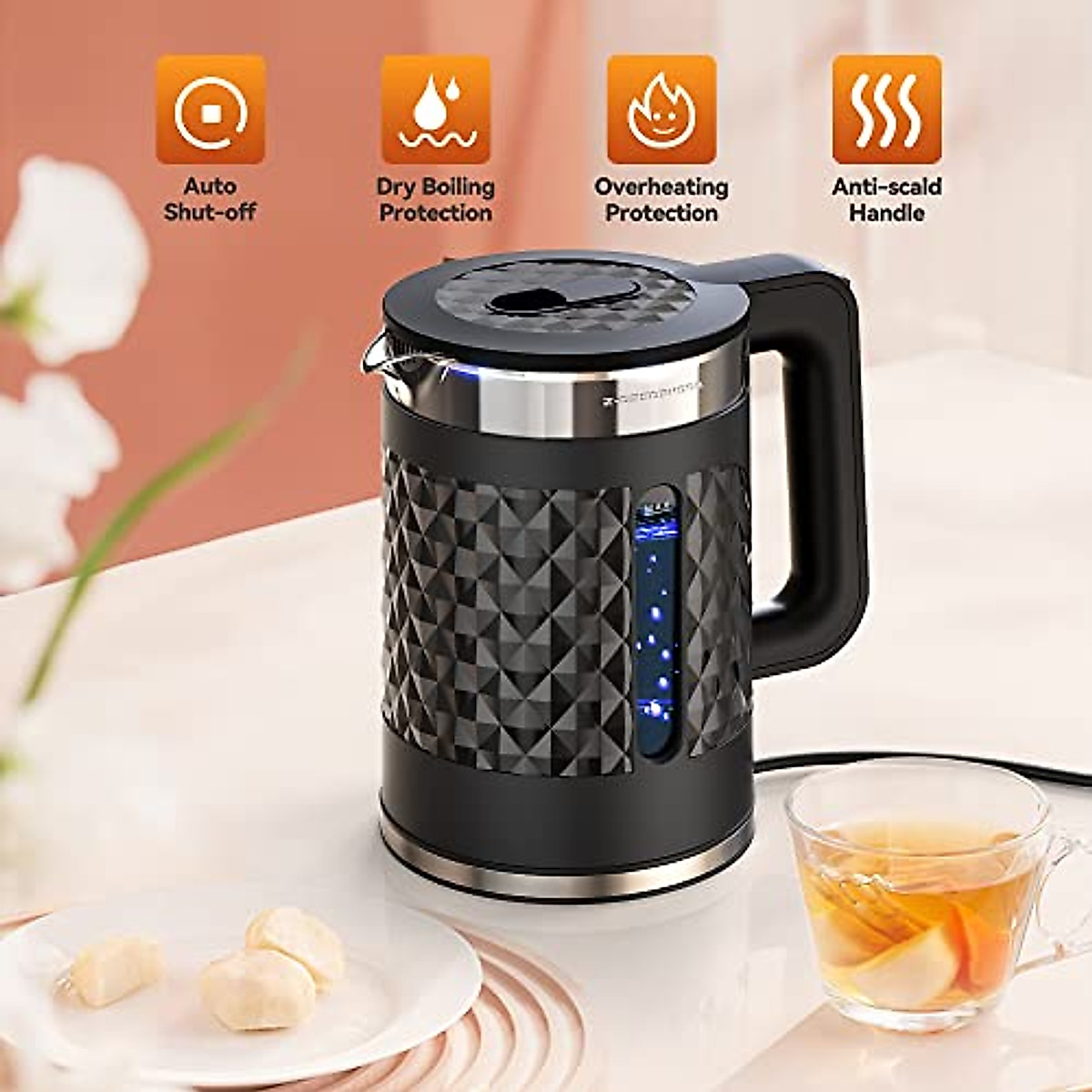 Electric Kettle, 1.7L Hot Water Kettles Upgraded One Wipe Clean Bottom, Quiet Water Boiler with LED Indicator, Glass Tea Kettles for Boiling Water, Auto Shut-Off & Boil-Dry Protection, Black