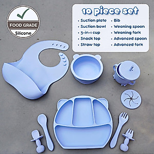 Anari Baby Led Weaning Supplies | Divided Silicone Suction Toddler Plates and Bowls Set | First Stage Self Feeding Baby Utensils | Baby Feeding Supplies for 6+ months old (Pastel Blue)