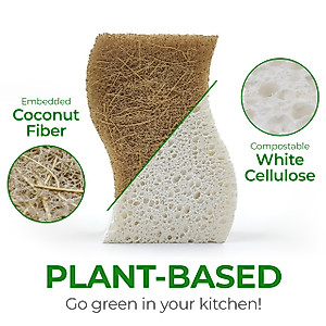 AIRNEX Natural Kitchen Sponge - Biodegradable Compostable Cellulose and Coconut Scrubber Sponge - Pack of 12 Eco Friendly Sponges for Dishes