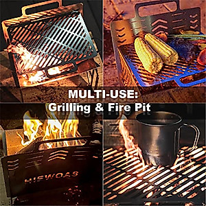 HIEWOAS Portable Fire Pit with BBQ Grill, 304 Stainless Steel Campfire Grill, Camping Firepit Charcoal Grill Outdoor Bon Fire Wood for Car Camping Patio Garden Backyard