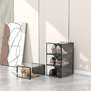 Pinkpum 12 Pack Shoe Storage Boxes, Shoe Organizer for Closet X-Large, Black Clear Plastic Stackable Sneaker Storage Containers Bins with Lids, Clear Shoe Display Case Containers, Fit for Size 11