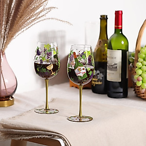 NymphFable Hand Painted Wine Glass 15oz Green Vines Purple Grapes Cocktail Glasses Birthday Wine Gifts for Wine Lover