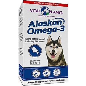 Vital Planet - Alaskan Omega-3 Fish Oil Supplement for Dogs with 600mg of Omega-3, High in DHA and EPA from Sustainably Harvested Wild Caught Cold Water Fish, 60 Vanilla Softgels