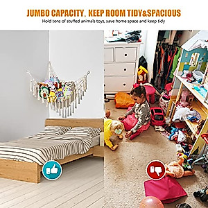 Stuffed Animal Hammock Stuffed Animal Storage Holder Macrame Boho Plush Toy Net Hammock for Stuffed Animals with Light Pet Net for Stuffed Animals Corner Hanging Net for Kids Room (White)