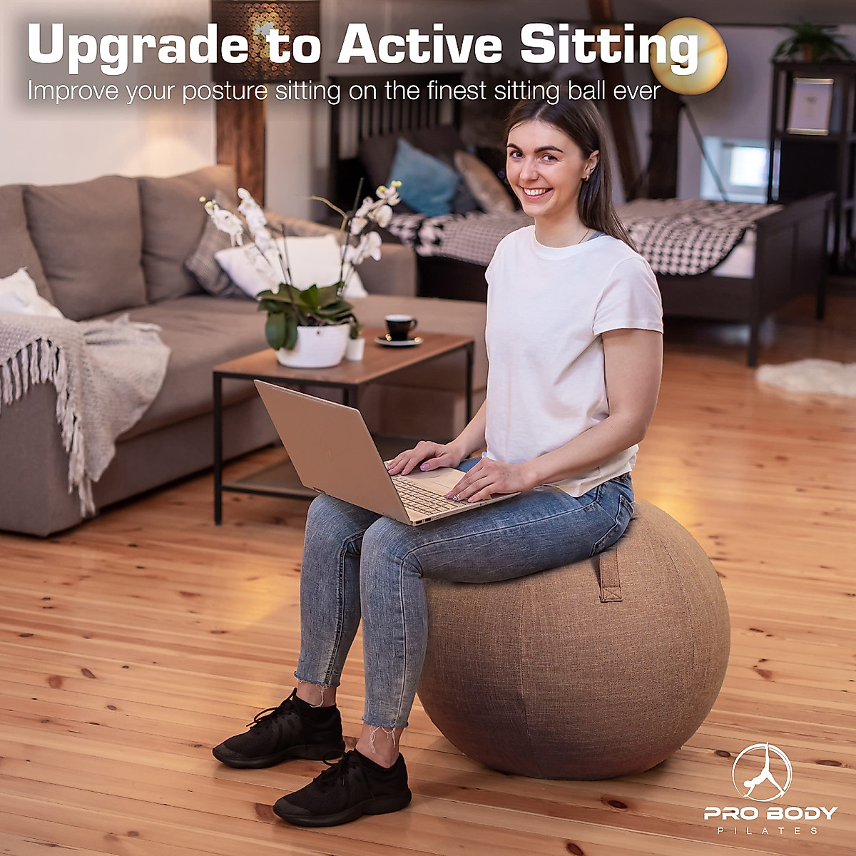 ProBody Pilates Yoga Ball Chair - Exercise Ball Chair for Home or Office, Balance Ball Chair with Yoga Ball Cover, Upgrade Stability Ball with Attractive Cover (Sepia, 24 in)