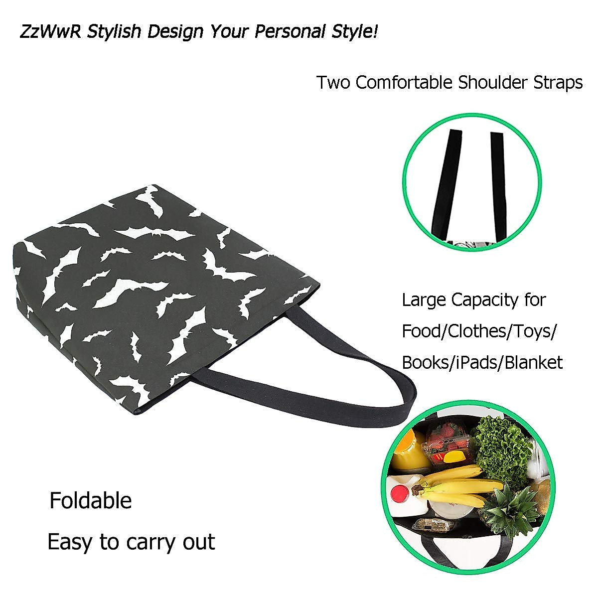 ZzWwR Stylish Bats Halloween Pattern Extra Large Canvas Market Beach Travel Reusable Grocery Shopping Tote Bag Portable Storage HandBags,Black
