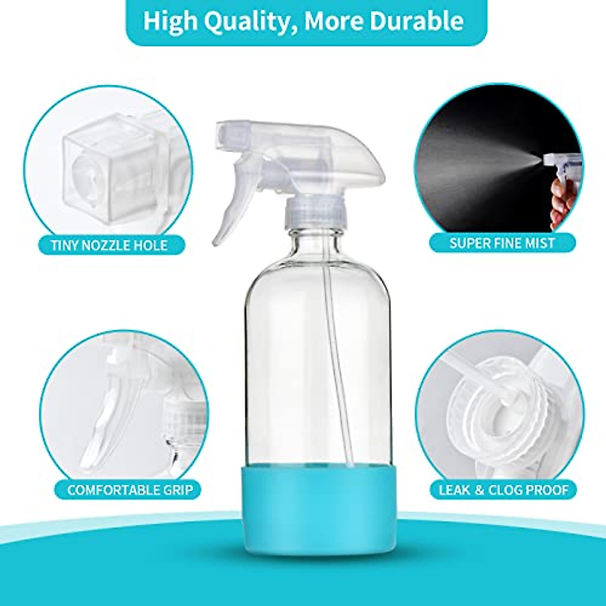 Homyfux Empty Clear Glass Spray Bottles with Silicone Sleeve Protection - Refillable 17oz Containers for Cleaning Solutions, Essential Oils, Misting Plants - Quality Sprayer - 3 Pack