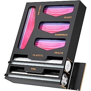 LUYABA 6 in 1 Bag Organizer and Wrap Dispenser with Magnetic Lid - Plastic Wrap Dispenser with Cutter for Kitchen Drawer, Storage for Gallon, Quart, Sandwich, Snack Bags, and Foil Black