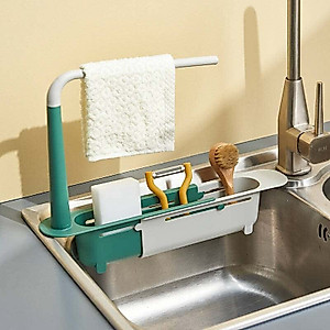 Adjustable Telescopic Sink Storage Organizer Rack Sponge Soap Drain Basket Expandable Organizer for Home Kitchen with Dish Cloth Hanger (Green)
