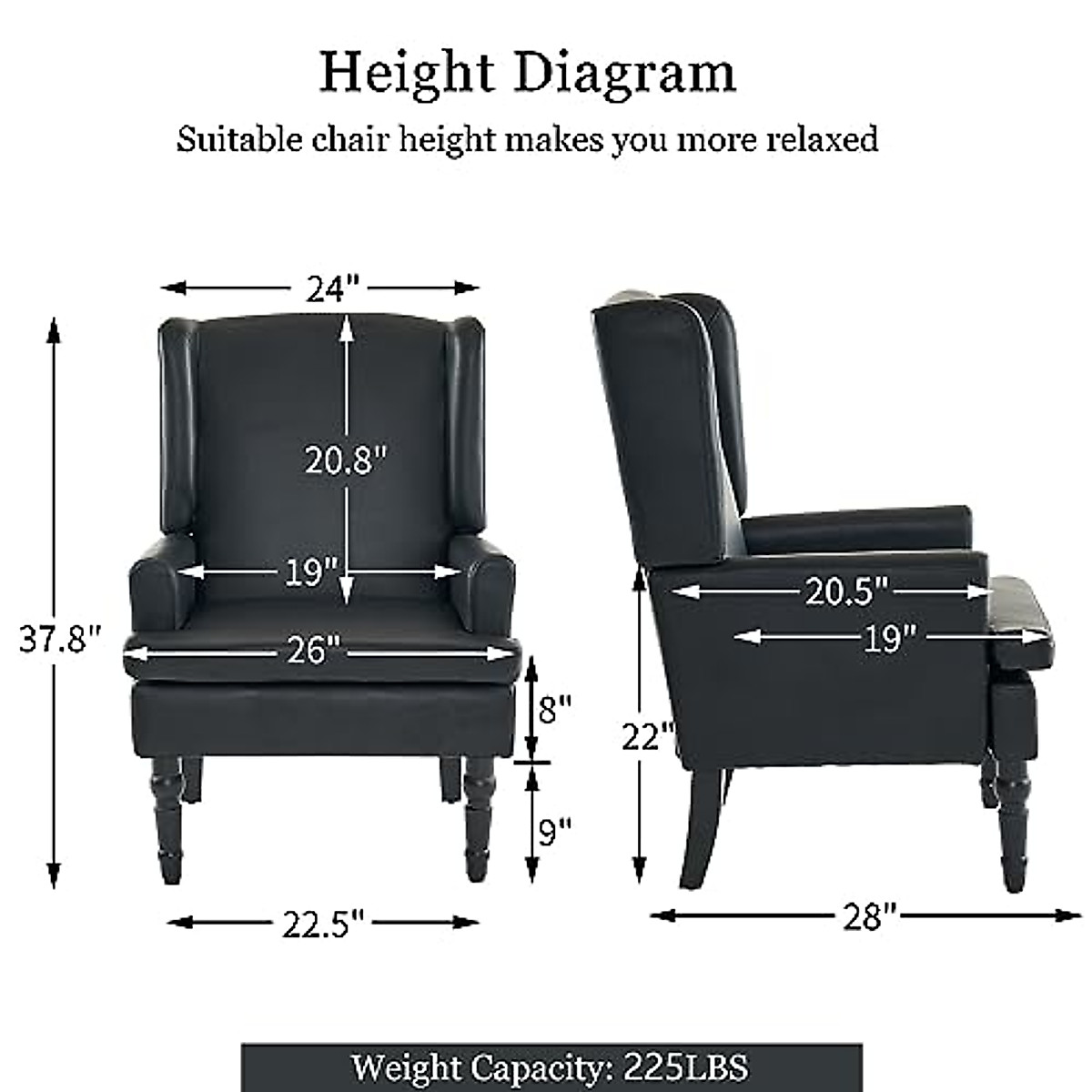 LOVSPATIO Faux Leather Accent Chair, Mid-Century Upholstered Living Room Chairs, Comfy Single Recliner Sofa with Arm and Wood Legs for Bedroom Waiting Room Office - Black