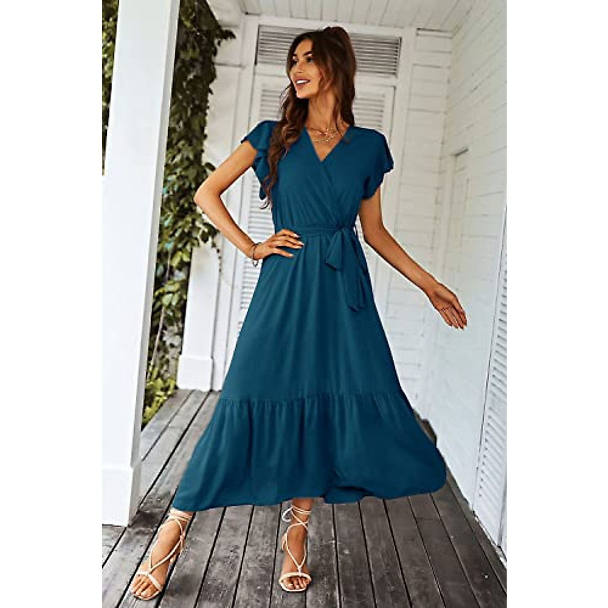 PRETTYGARDEN Women's 2023 Floral Boho Dress Wrap V Neck Short Sleeve Belted Ruffle Hem A-Line Flowy Maxi Dresses (Solid Lake Blue,X-Large)