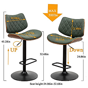LUNLING Bar Stools Set of 2 Mid Century Modern Adjustable Counter Height Green Leather Upholstered 360°Swivel Bar Chairs for Kitchen Island/Dining Room/Cafe