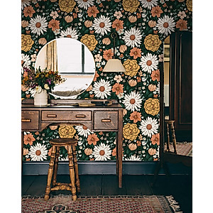 HAOKHOME Floral Peel and Stick Wallpaper Boho Wall Paper Vintage Removable for Bedroom Contact Paper Green/Terracotta 17.7in x 9.8ft