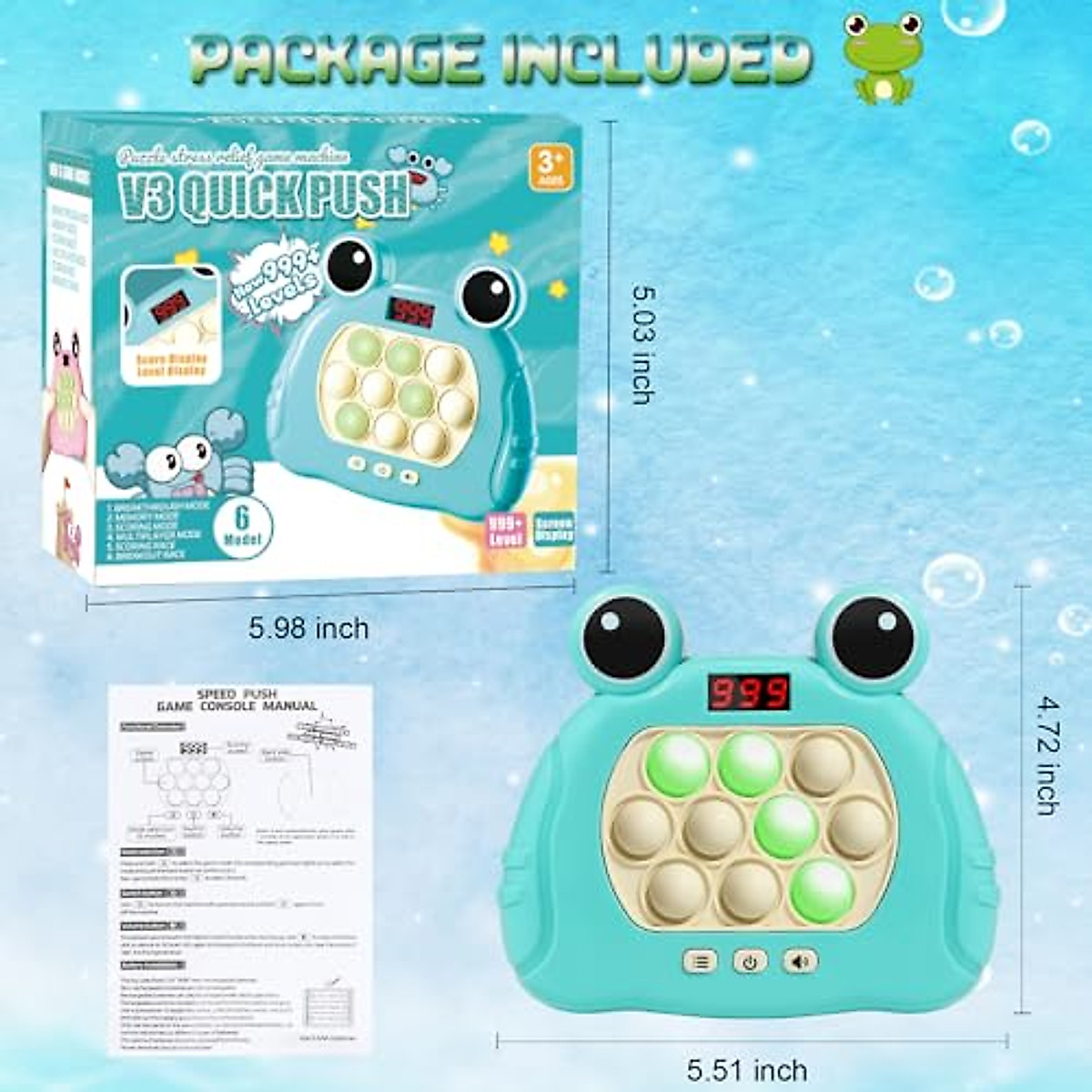 olloiig Pop Fidget Kids It Games Toy,Fast Push Bubble Game Console with LED Screen for Kids 8-12,Handheld Quick Push Game,Autism Sensory Toys,Birthdayxmas Gifts for Boys,Girls,Adults (Frog Blue)