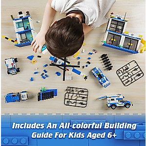 WishaLife City Police Station Building Kit, Includes 4 Police Cars & 2 Helicopter Toy, Gifts for 6 Plus Year Old Kids, Boys & Girls