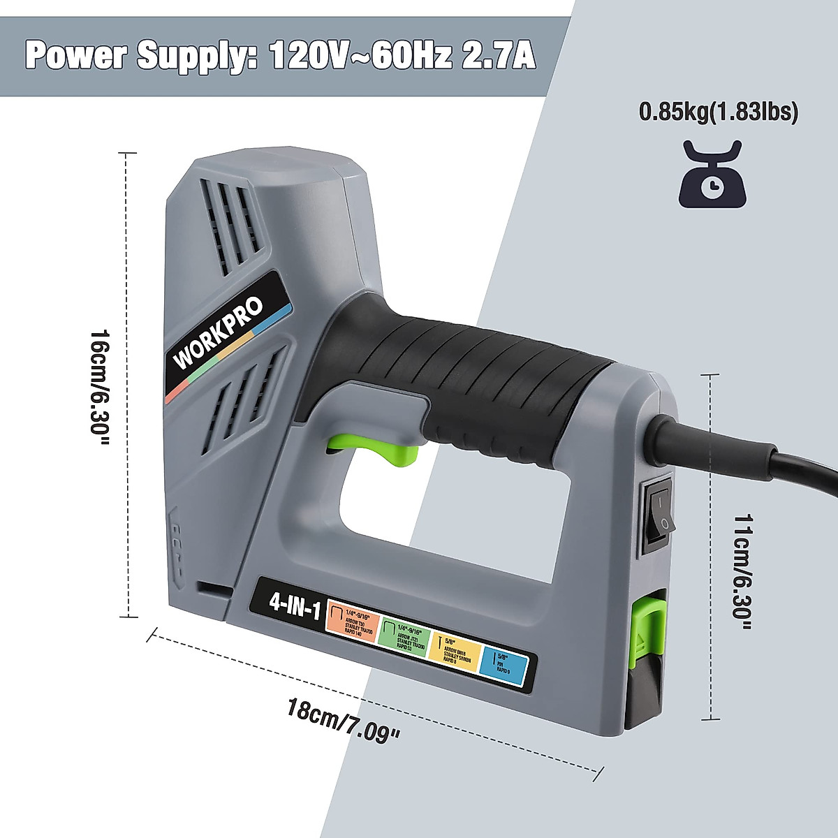 WORKPRO Electric Corded 4-in-1 Nail Gun, Professional Stapler for Wood Upholstery, Crafts, Framing, Decoration, DIY, Including 3000PCS of Staples and Nails