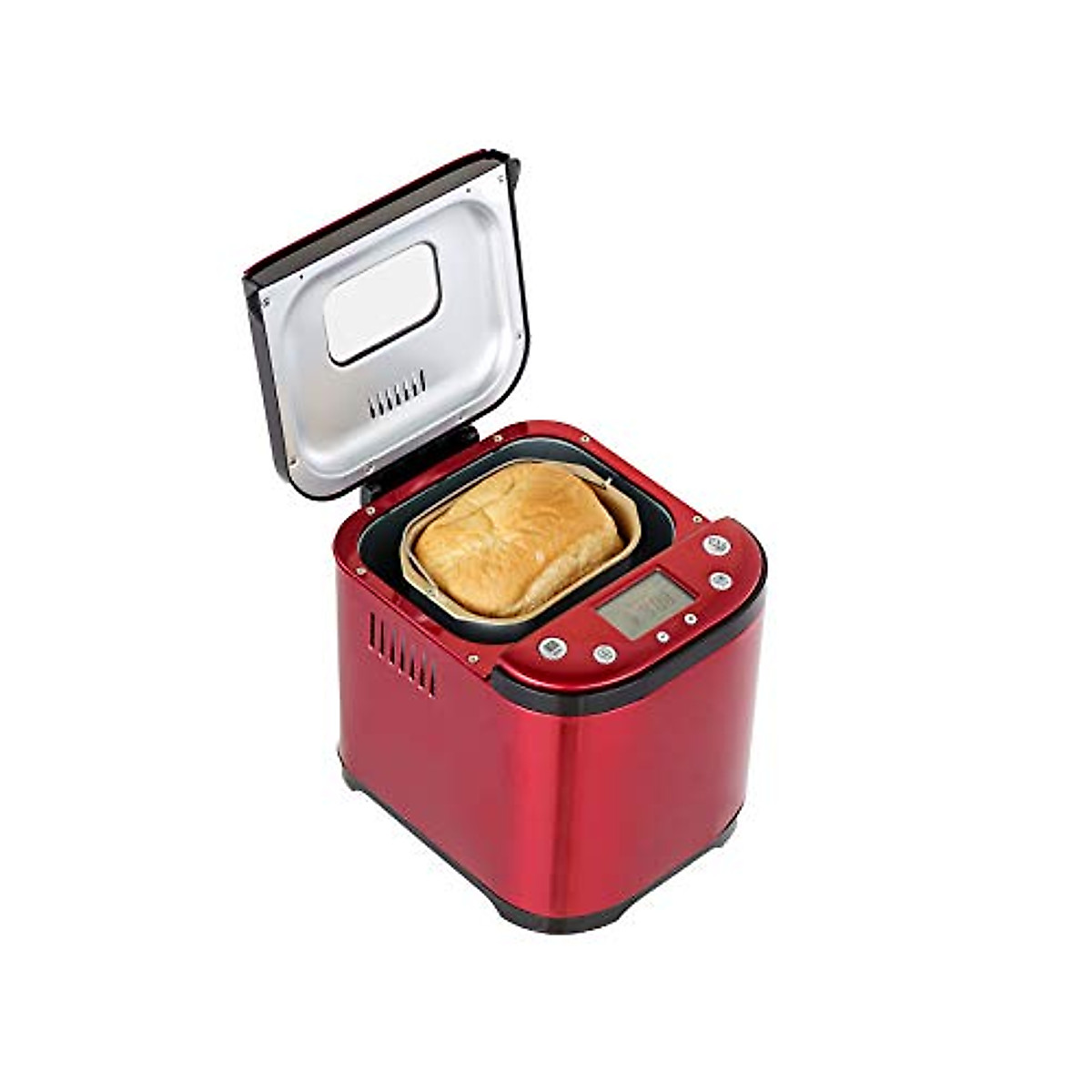 FRIGIDAIRE Bread Maker Machine with Nonstick Bowl, Bread Hook, Measuring Cup & Spoon. 15-in-1, Gluten-Free Bread, Cake& Yogurt, 3 Crust Colour options and more. 3 Loaf Sizes. 2LB XL-RED