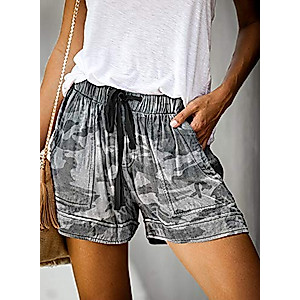 KINGFEN Shorts for Women Womens Casual Stretch Beach Comfy Linen Camo Shorts with Pockets Summer Elastic Waist Pull On Drawstring Pull On Lounge Short Camouflage Print Medium