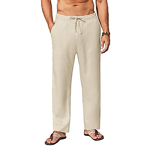 COOFANDY Men's Linen Beach Pants Loose Fit Drawstring Casual Pants Lightweight Baggy Cotton Trousers, Beige, X-Large