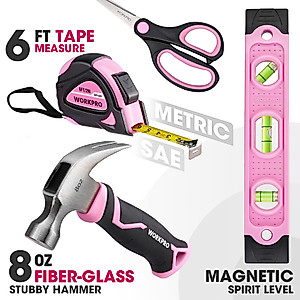 WORKPRO Pink Real Tool Set for Kids with 12 Inch Mini Steel Tool Box with Wheels, 10PCS Kids Real Tools with 2 Drawers Desk Metal Rolling Tool Chest, Children's Tool Kit for Home DIY- Pink Ribbon