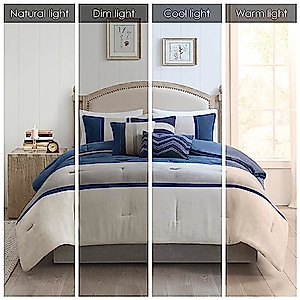 Madison Park Palisades Comforter Set Modern Faux Suede Pieced Stripe Design, All Season Down Alternative Cozy Bedding with Matching Shams, Decorative Pillows, Cal King(104"x92"), Blue 7 Piece