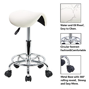 KKTONER Saddle Stool with Foot Rest PU Leather Swivel Adjustable Rolling Stool with Wheels Facial Salon Chair (White)