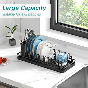 Giwil Small Dish Drying Rack, Compact Dish Rack with Silicone Tray and Caddy, Multifunctional Dish Drainer Sink Drying Rack for Kitchen Counter & Over The Sink, Stainless Stell, Black