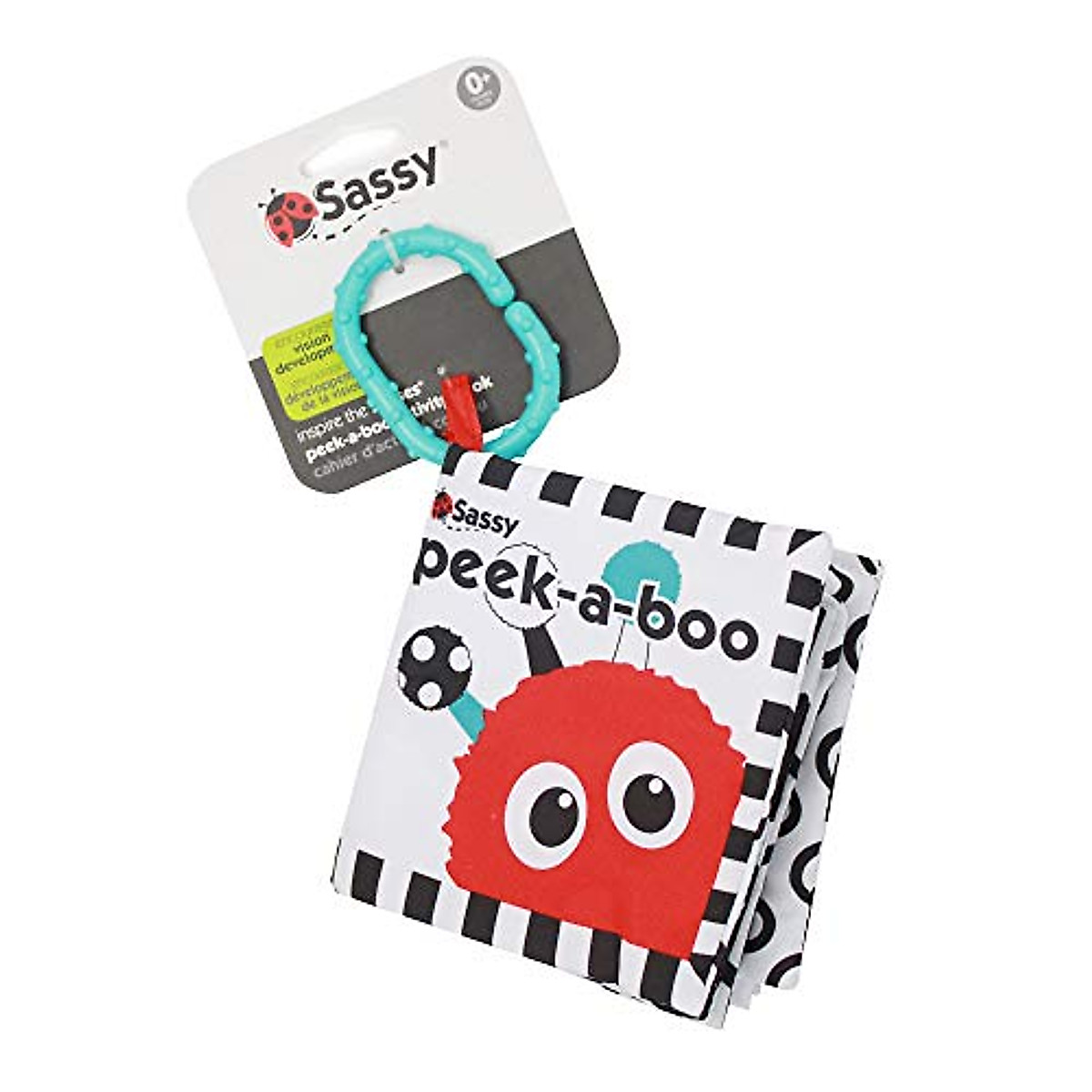 Sassy Peek-a-Boo Activity Book with Attachable Link for On-The-Go Travel | Black & White | for Ages Newborn and Up