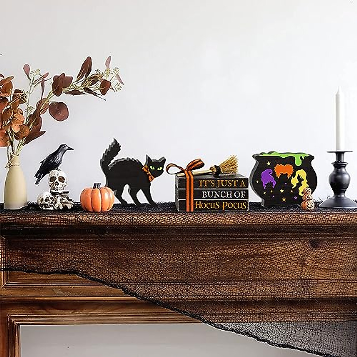 5PCS Halloween Wooden Signs Hocus Pocus, Decorative Wooden Faux Books Stack Black Cat Wood Table Signs, Cauldron Witches Sisters Halloween Tiered Tray Decor for Halloween Party Home Decorations