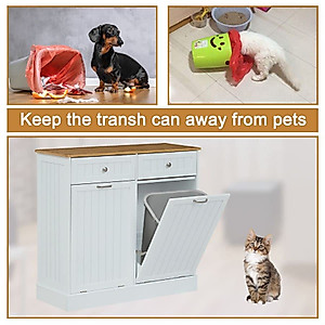 kinbor Double Tilt Out Trash Cabinets - Wooden Kitchen Trash Cabinet Bin, Free Standing Trash Can Holder & Recycling Cabinet with Hideaway Drawers, White