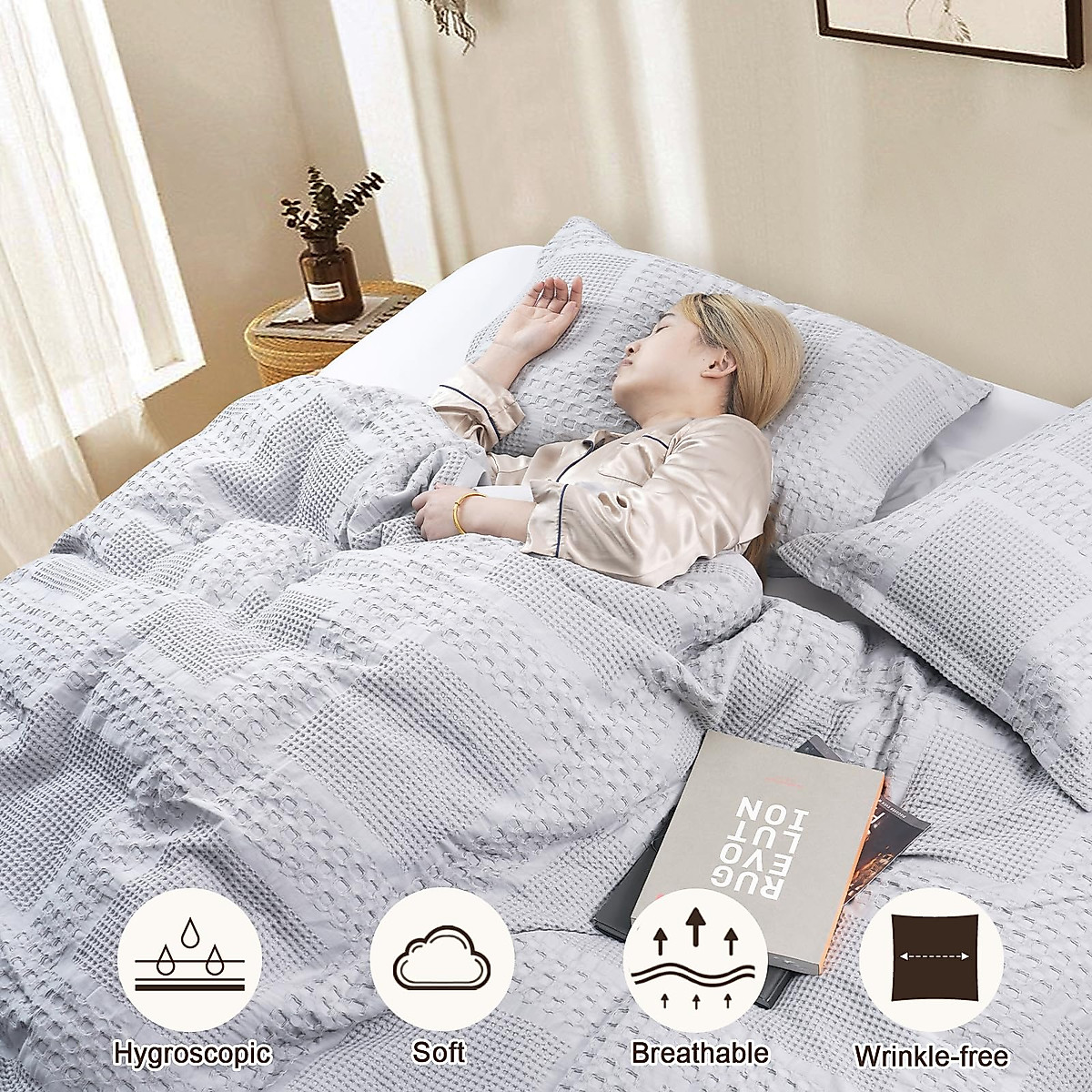 PHF 100% Cotton Waffle Duvet Cover Queen Size, 3 Pieces Soft Breathable Duvet Cover Set for All Season, Pre-Washed Decorative Textured Comforter Cover with 2 Pillow Shams, 90"x92", Light Grey
