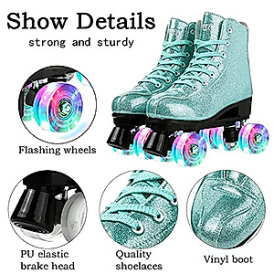 Comeon Roller Skates for Women PU Leather Roller Skates High-Top Leather for Beginners Teens for Woman,Girls and Boys,Adult (Green crystal,flash wheel,250/uk5.5/eur38)