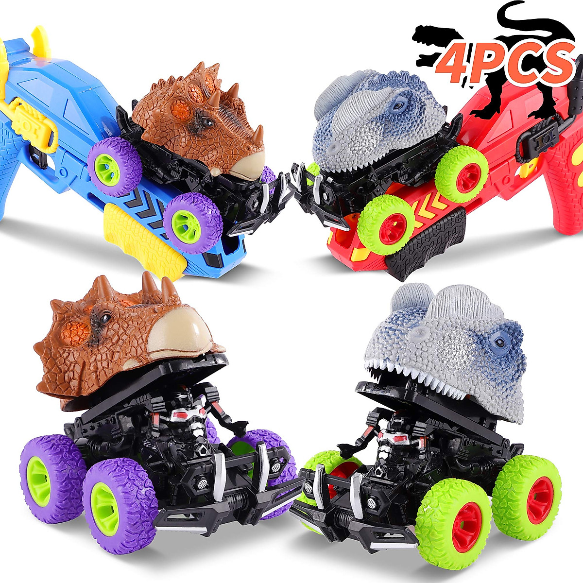 FiGoal 2 Pack Dinosaur Cars with Toy Gun Ejecting Friction Powered Dino Car Transforming Dinosaur Toys Car Gifts for Boys Girls Teacher Classroom Prize